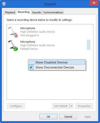 Enable all Recording Devices and show disabled devices in Windows 11