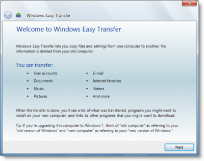 Windows Easy Transfer wizard in Windows 7