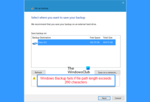 Windows Backup fails if path length is longer than 260 characters