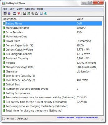 Find out Computer Battery Information with BatteryInfoView