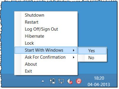 HotShut: Quickly shutdown, restart, lock, logoff, hibernate PC from taskbar
