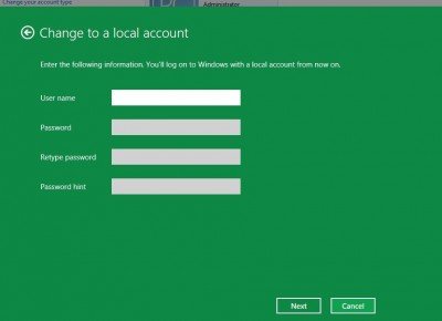 Switch back to Local Account, from Microsoft Account in Windows 8.1