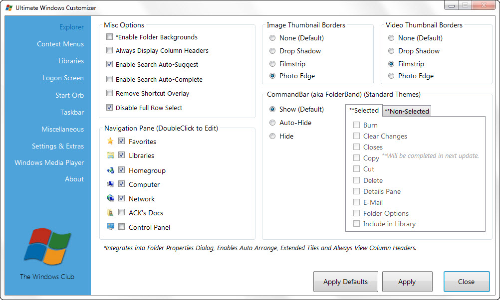 Screenshots of customization tweaks offered by Ultimate Windows Customizer