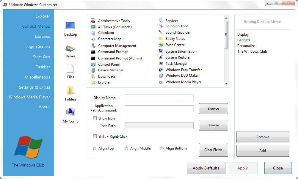 Screenshots of customization tweaks offered by Ultimate Windows Customizer