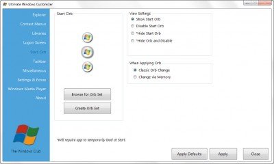 Screenshots of customization tweaks offered by Ultimate Windows Customizer
