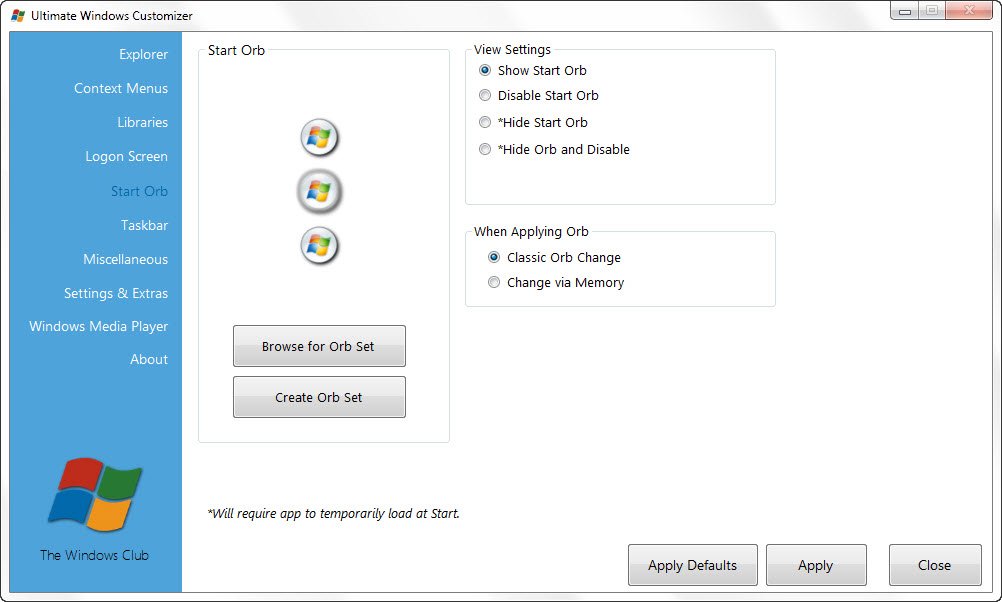 Screenshots of customization tweaks offered by Ultimate Windows Customizer
