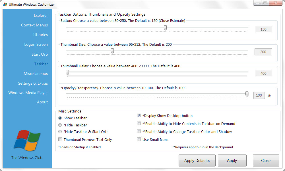 Screenshots of customization tweaks offered by Ultimate Windows Customizer