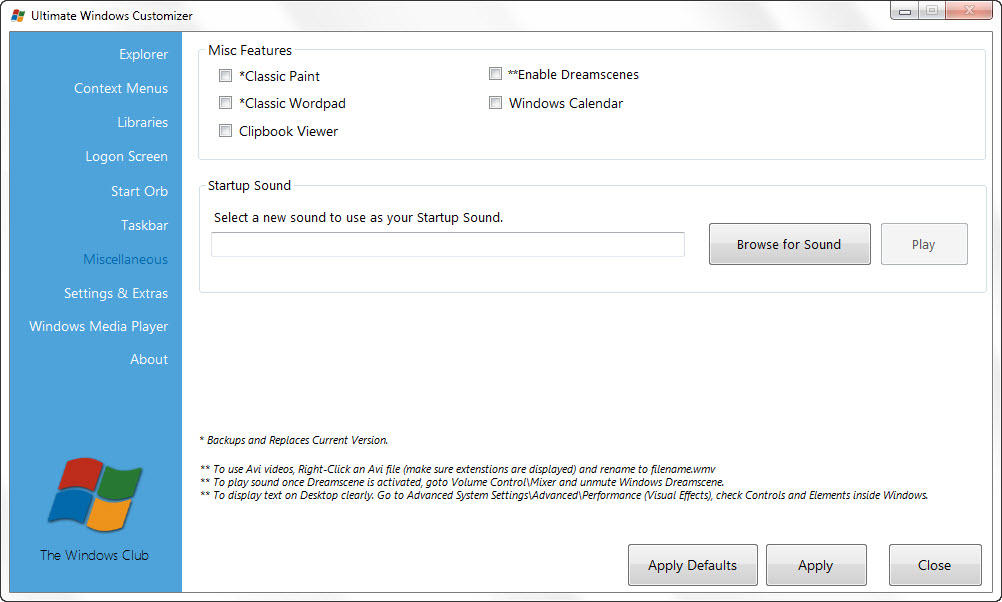 Screenshots of customization tweaks offered by Ultimate Windows Customizer
