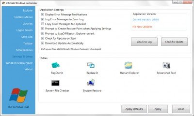 Screenshots of customization tweaks offered by Ultimate Windows Customizer