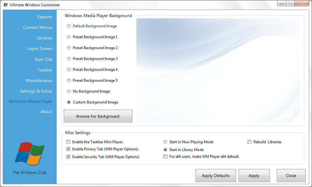 Screenshots of customization tweaks offered by Ultimate Windows Customizer