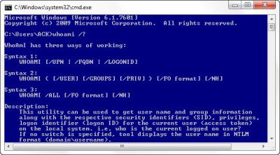 WHOAMI utility in Windows and its use, syntax, commands