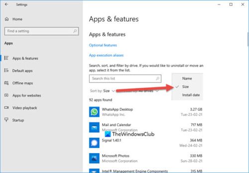 How to see Program and App Sizes in Windows 11/10
