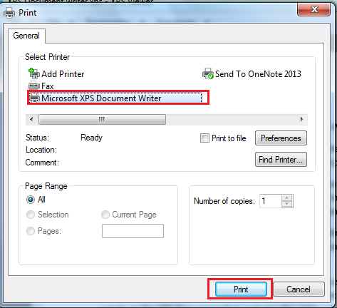 How to print to the Microsoft XPS Document Writer in Windows PC