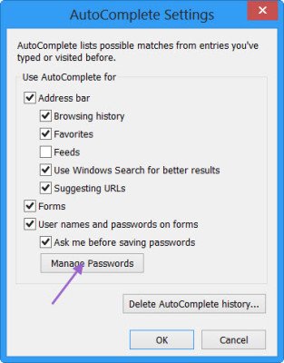 Manage passwords in Internet Explorer using Credential Manager