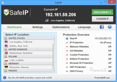 SafeIP lets you Hide, Change IP address, Surf Anonymously using your PC