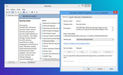 The Windows Security Center service can't be started