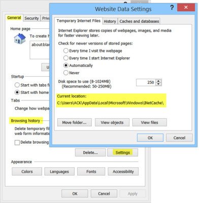 Where are Temporary Internet Files stored in Windows 11?