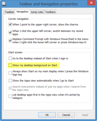 Display Desktop wallpaper as Start Screen Background in Windows 8.1