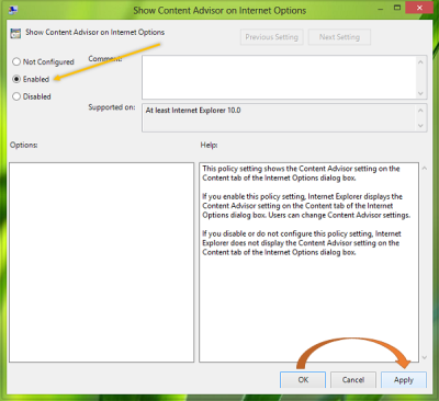 Enable Content Advisor in Internet Explorer 11 on Windows 10