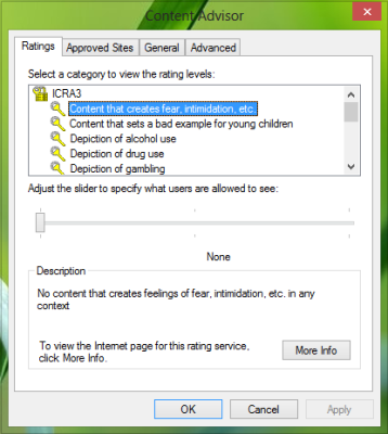 Enable Content Advisor in Internet Explorer 11 on Windows 10