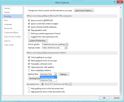 How to change Grammar and Style Settings in Word