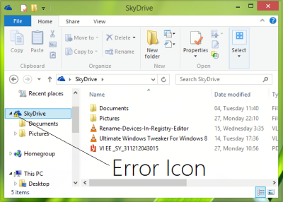 OneDrive Cloud with yellow Exclamation Mark icon in Explorer