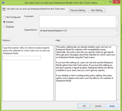 Disable or Enable Enterprise Mode for Internet Explorer 11