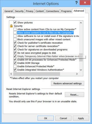 Disable Active Content in Internet Explorer on Windows 10