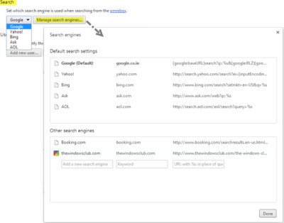 Change default search engine in Chrome, Firefox or Opera