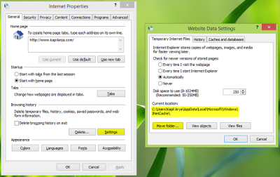 Restore Temporary Internet Files folder location for Internet Explorer
