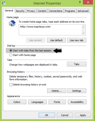 Internet Explorer Doesn't Restore Last Session Tabs