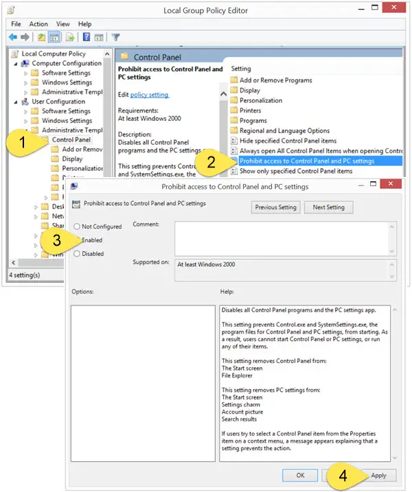 Disable or Prevent access to Control Panel & Settings in Windows Disable or Prevent access to Control Panel & Settings in Windows