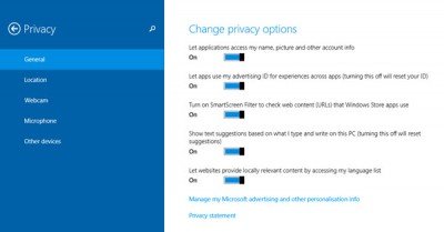 Change Privacy Settings and Options in Windows 8.1