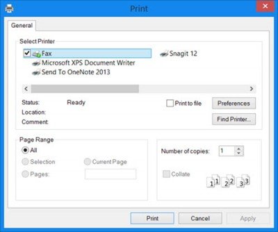 Print command opens Send to OneNote, Fax, Save As boxes