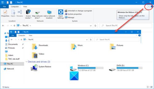How to disable or remove File Explorer Ribbon in Windows 10