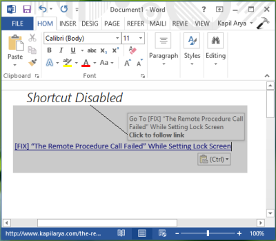 Disable Ctrl Click shortcut to open hyperlinks in Word