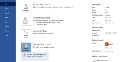 How to recover Recent Unsaved Word Document File version