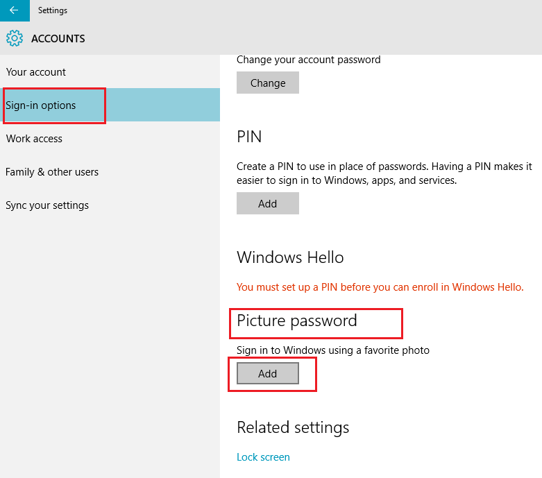 Change Password, PIN, Picture Password Sign in options in Windows 11/10
