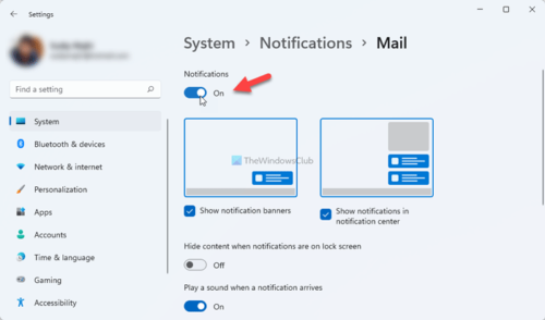 Turn on or off Email Notifications of Outlook app in Windows 11/10