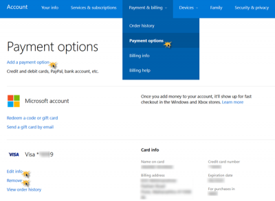 Add, Edit Payment Method, Remove Credit Card in Microsoft Store