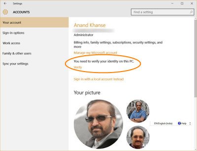 Verify your identity on this PC message in Windows Settings