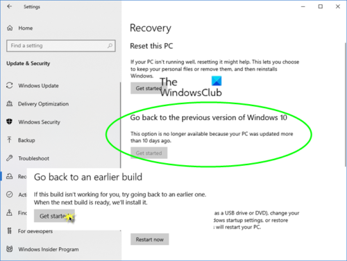 Go back to an Earlier Build or Previous Version of Windows 10