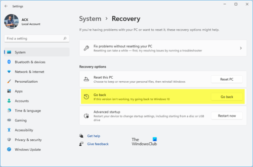 How to Roll back or Go back from Windows 11 to Windows 10