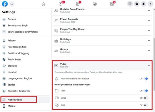 How to disable Live Video notifications of Facebook