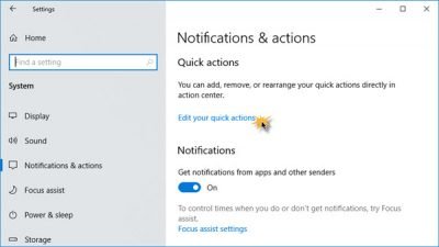 Add, Remove, Reset, Quick Action Center buttons in Windows 11