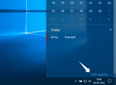 How to hide Agenda from Taskbar Clock in Windows 10