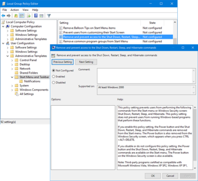 Remove Shutdown button from Login Screen, Start Menu, WinX menu