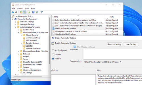 Disable Office Update notifications in Windows 11