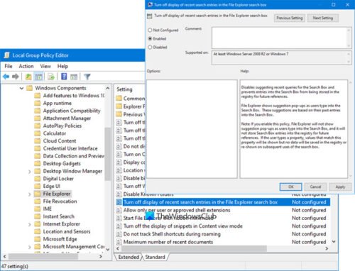 Turn off display of recent search entries in File Explorer in Windows 11