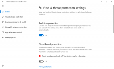 Windows Defender Security Center in Windows 10